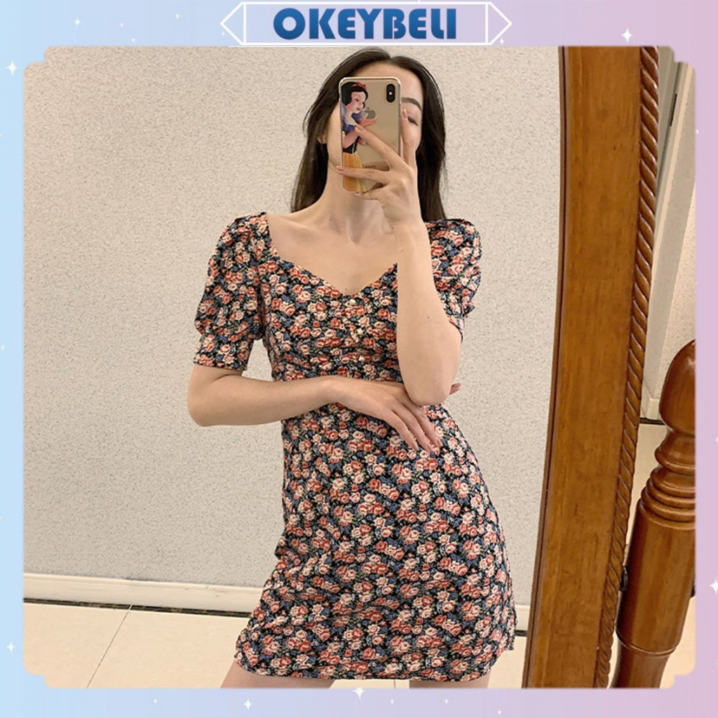 Jual •OKEY BELI•BJ1203 Baju Dress Korea Wanita Motif Flower Bunga ...