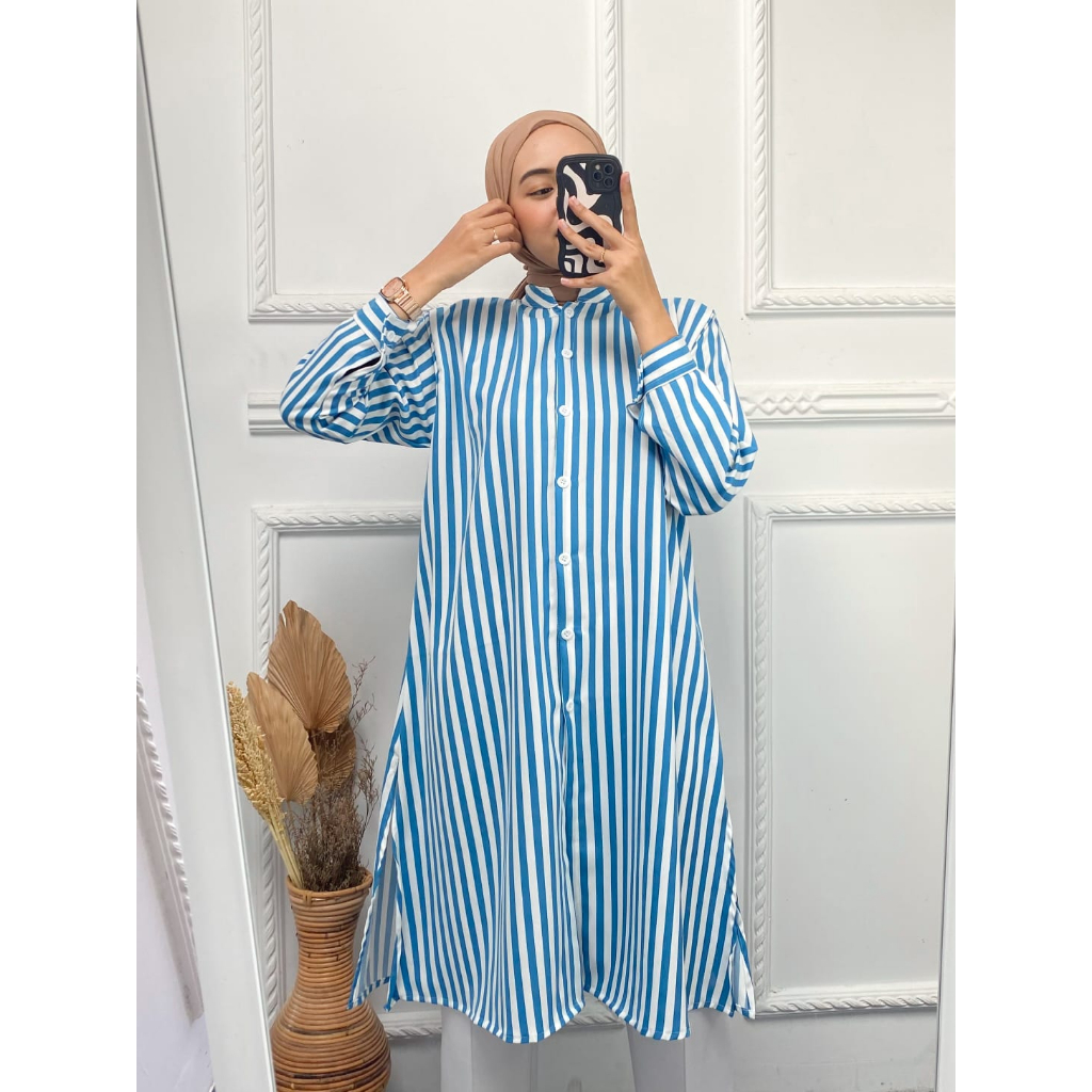 Jual Long Tunik Kancing Tunik Salur Shakila Tunik Garis Stripe | Shopee ...