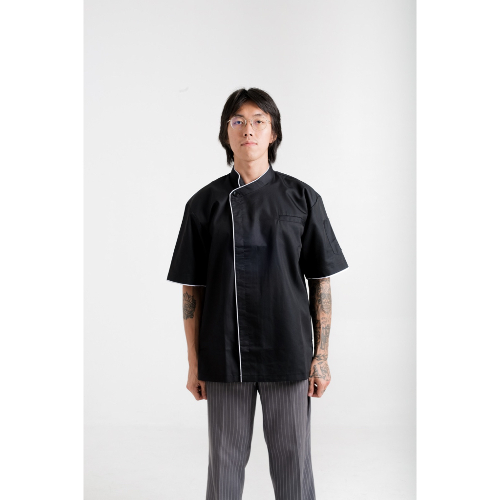 Jual Chef Jacket / Baju Koki Hitam Lengan Pendek Buttonless | Shopee ...