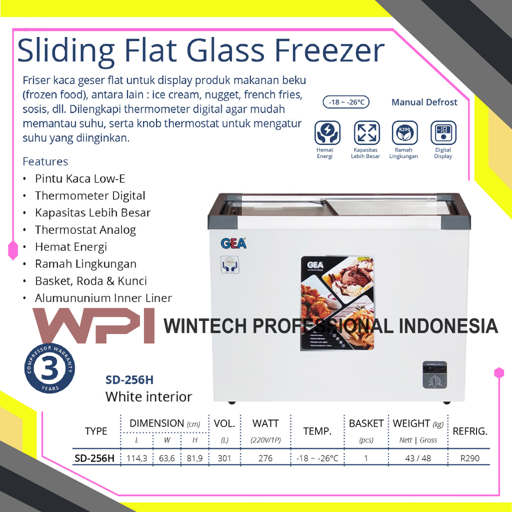 Jual Gea SD-256H SD-256 Sliding Flat Glass Freezer Kulkas Kaca Pembeku ...