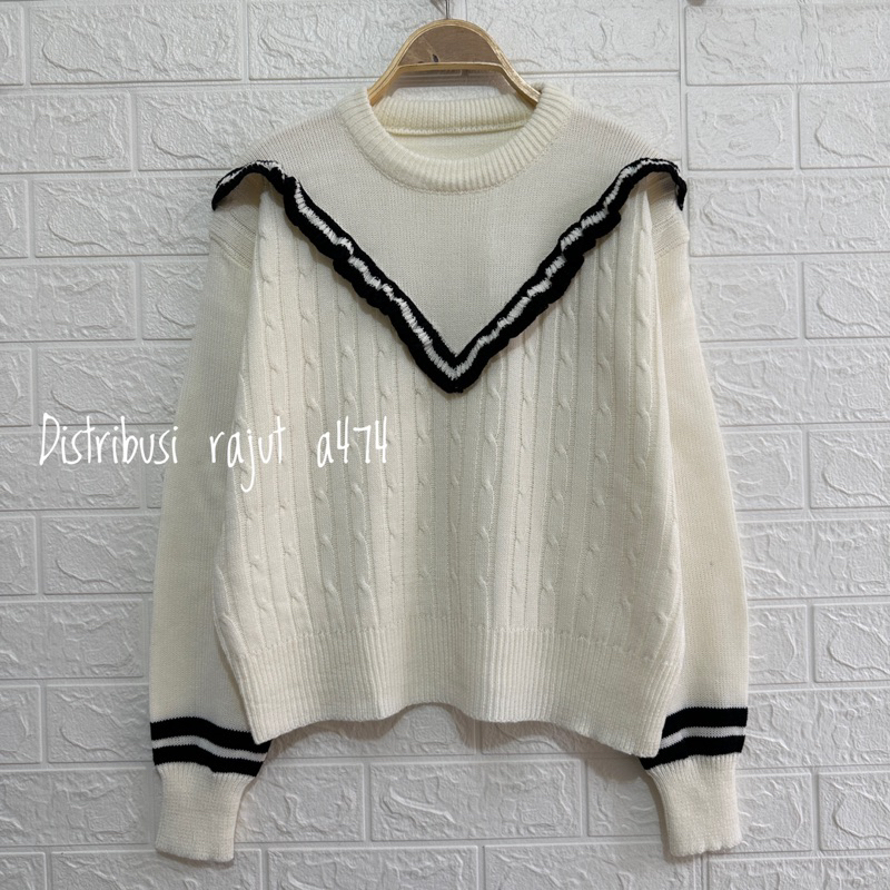 Jual SAIRA SWEATER RAJUT RENDA MOTIF CABLE STRIPE ATASAN WANITA LENGAN ...