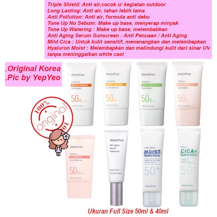 Jual Innisfree Triple Shield/Long Lasting/Anti Pollution/Tone No Sebum/Tone Up Watering SPF 50 ...