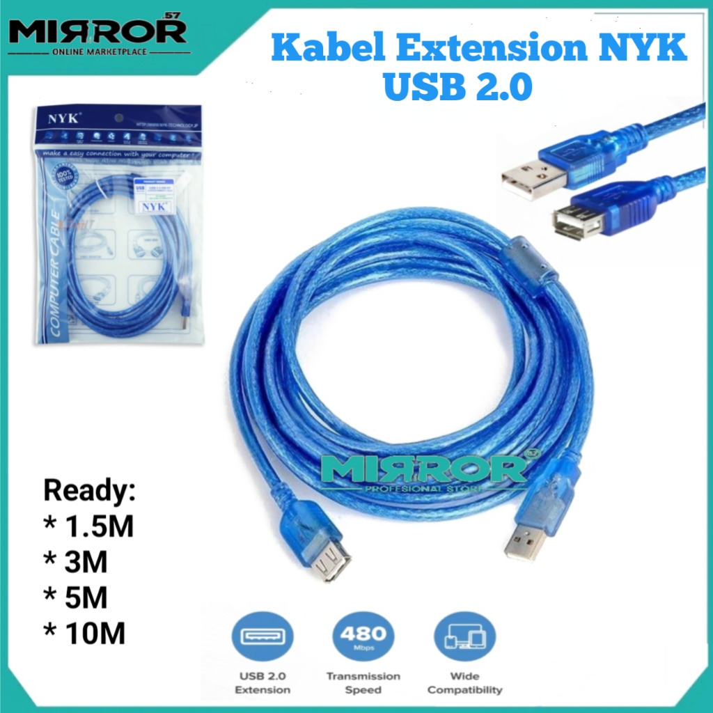 Jual Kabel Extension NYK USB 2.0 Kabel Perpanjang Transparent Male to Female 1.5M, 3M, 5M, 10M ...