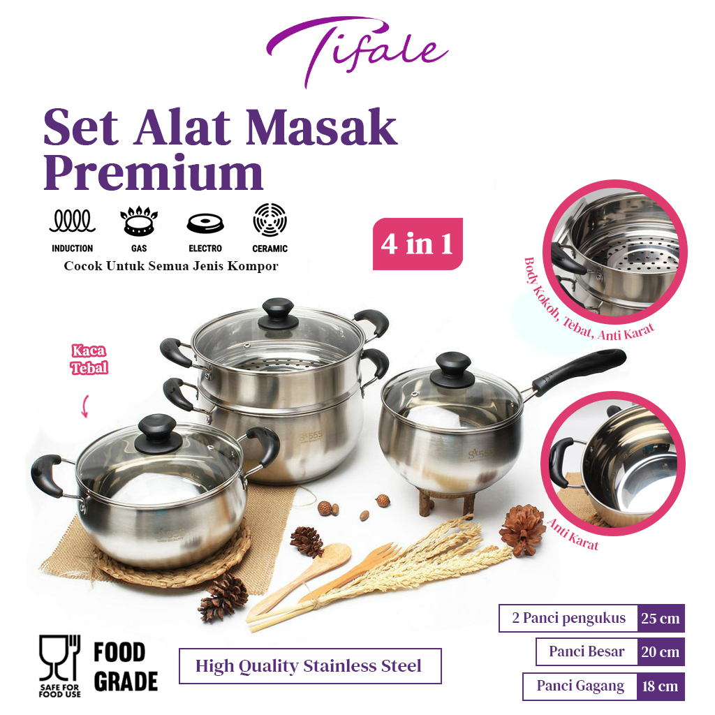 Jual Tifale Panci Set Full Stainless Steel 4 Set Cookware Set High ...