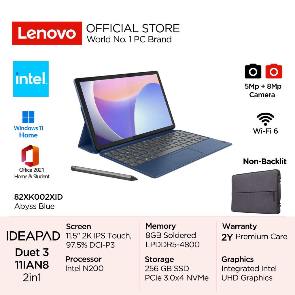 Jual Lenovo 2in1 IdeaPad Duet 3i 11IAN8 2XID Intel N200 Win11 8GB 256GB SSD 11.5" 2K IPS Touch ...