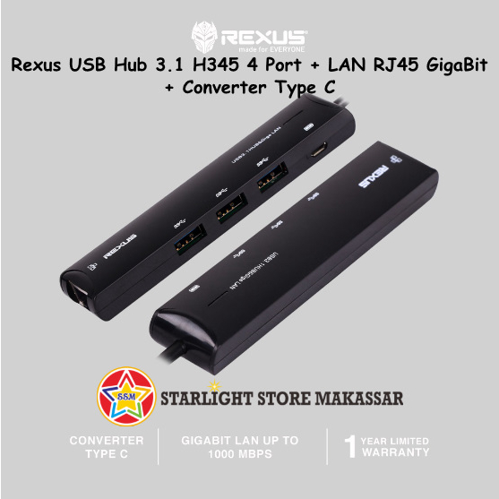 Jual Rexus USB Hub 3.1 H345 4 Port + LAN RJ45 GigaBit + Converter Type C | Shopee Indonesia