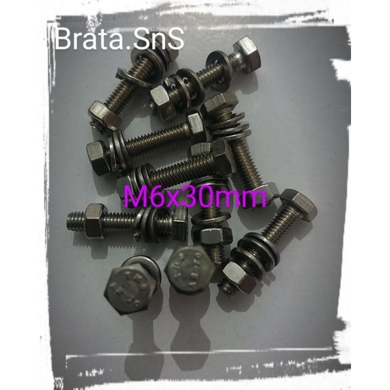 Jual Baut Hexagonal Stainless Steel 304 M6 x 30mm + Ring Plat + Ring Per ( Spring Washer ...