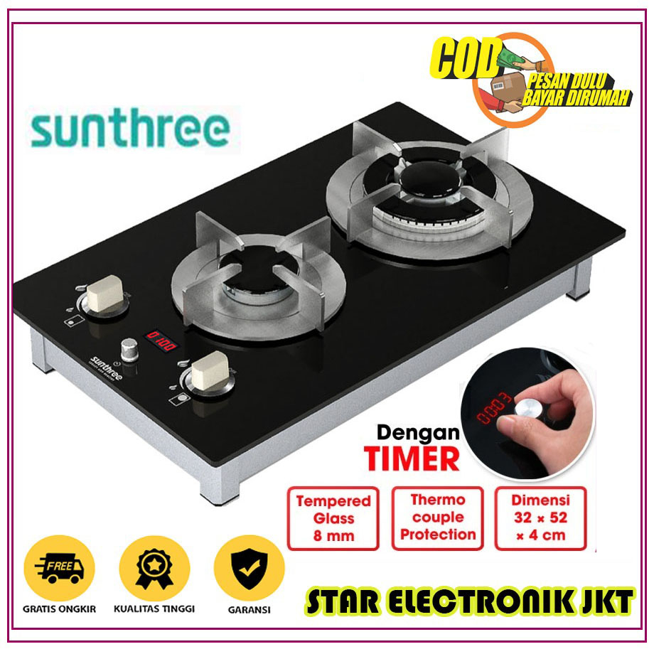 Jual Kompor Gas Sunthree Gas Hob GH-2T ST Tanam 2 Tungku Dengan Timer ...