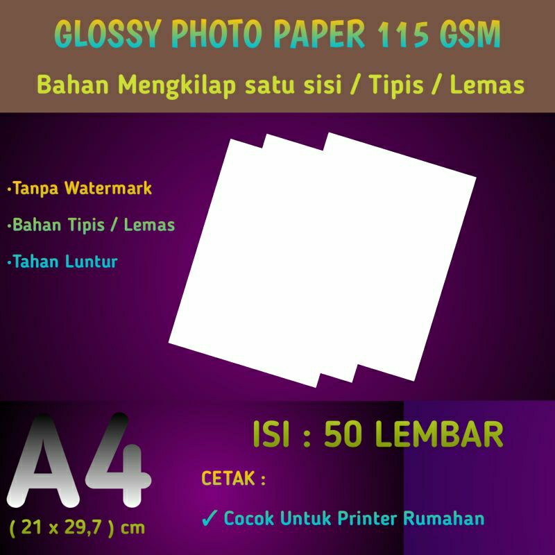 Jual Kertas Foto Glossy 115 GSM A4 isi 50 Lembar / Photo Paper ...