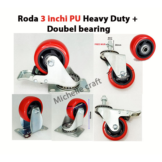 Jual Roda 3 inchi PU Heavy Duty + Dobel bearing caster Troli etalase/WO ...