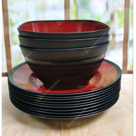 Jual 12pcs 6piring makan bulat hitam 6mangkuk petak ulir ramen piring ...