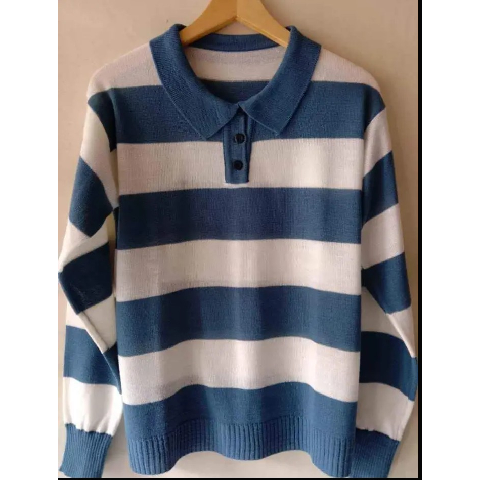 Jual SWEATER KNIT RAJUT OVERSIZE POLO KANCING STRIP/ATASAN RAJUT KERAH ...