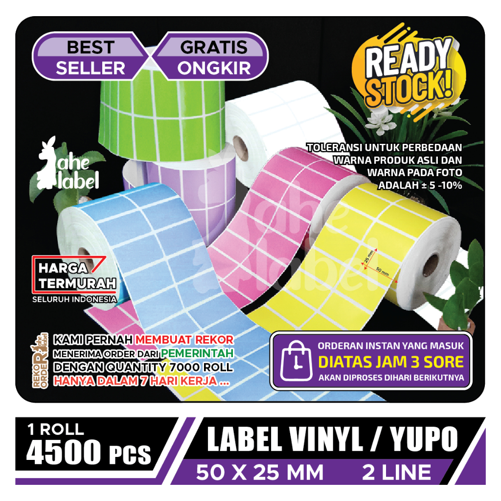 Jual LABEL YUPO 50X25 MM STIKER VINYL WARNA 50X25 MM 4500 PCS | Shopee ...