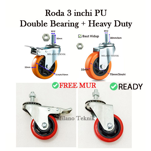 Jual Roda PU 3 inchi TAIWAN+Double Bearing/Screw/Baut/Drat/Etalase ...