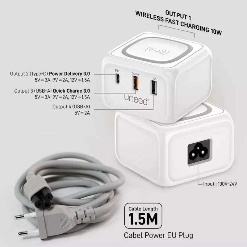 Jual UNEED Power Station Fast Wireless Charger 10w + PD + QC 3.0 ...