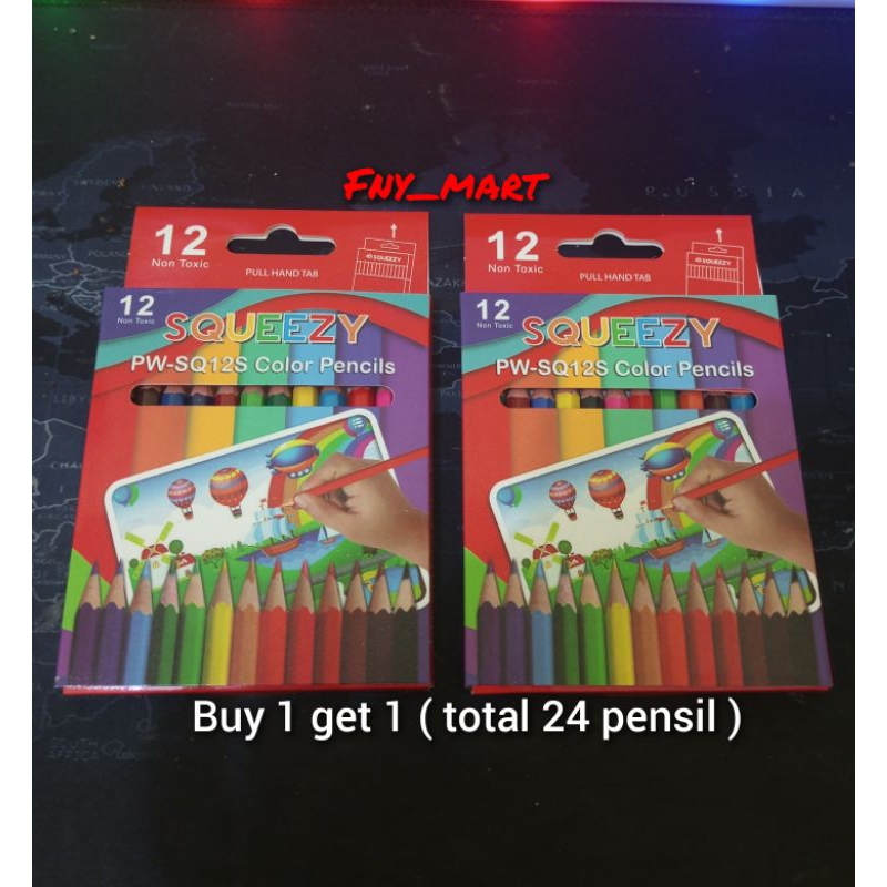 Jual Buy 1 Get 1 Pensil Warna 1 Set 12 Warna Pendek Squeezy Premium