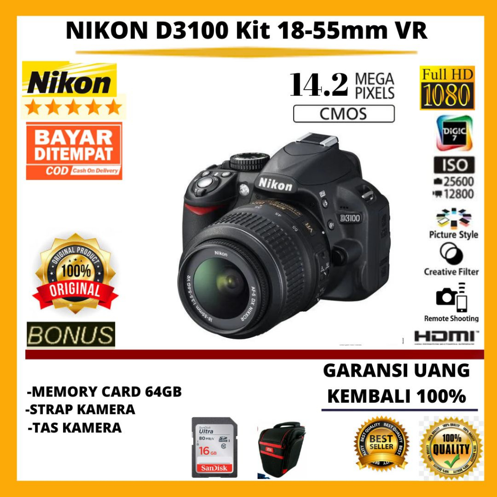 Jual Nikon D3100 kit 18-55mm VR FREE ACCESORIES KAMERA | Shopee Indonesia