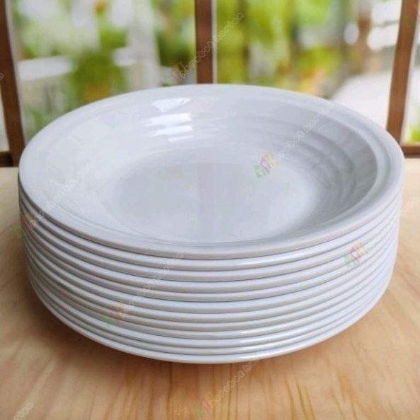 Jual 12pcs piring makan bulat putih polos ulir cekung tebal 23cm ...