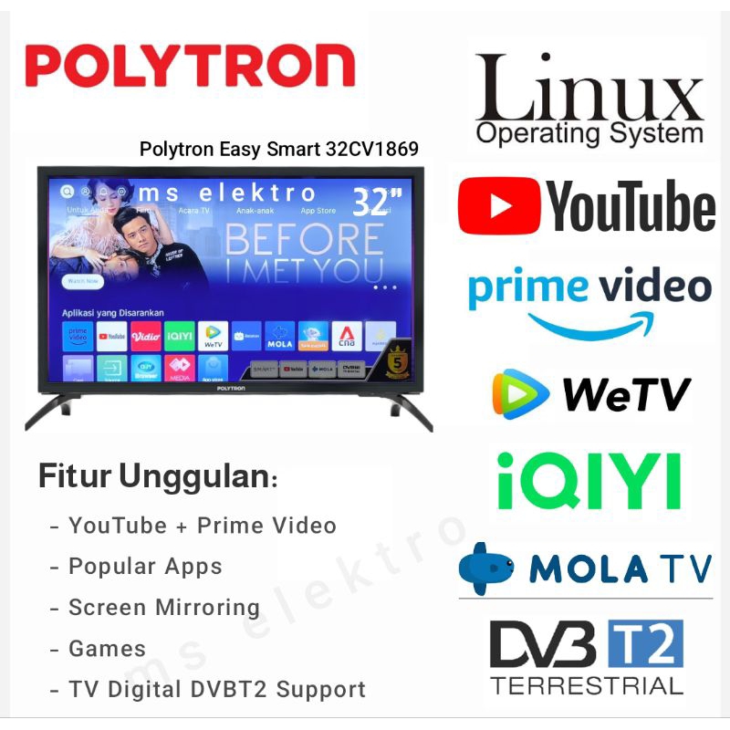 Jual TV LED Polytron 32 inch Digital Easy Smart YouTube PLD 32CV1869 DVBT2 | Shopee Indonesia