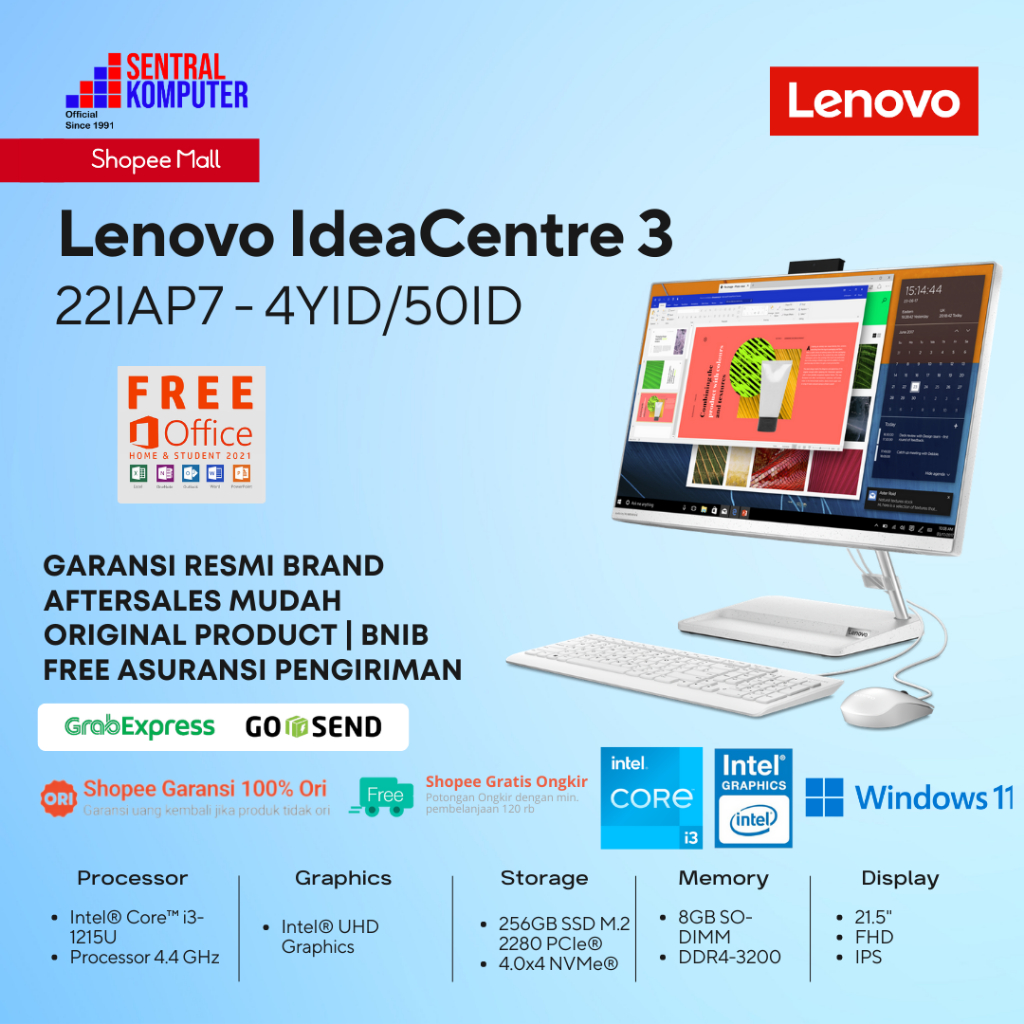 Jual Lenovo IdeaCentre AIO 3 22IAP7 i3-1215U 8GB 256GB SSD Win 11 + OHS | Shopee Indonesia