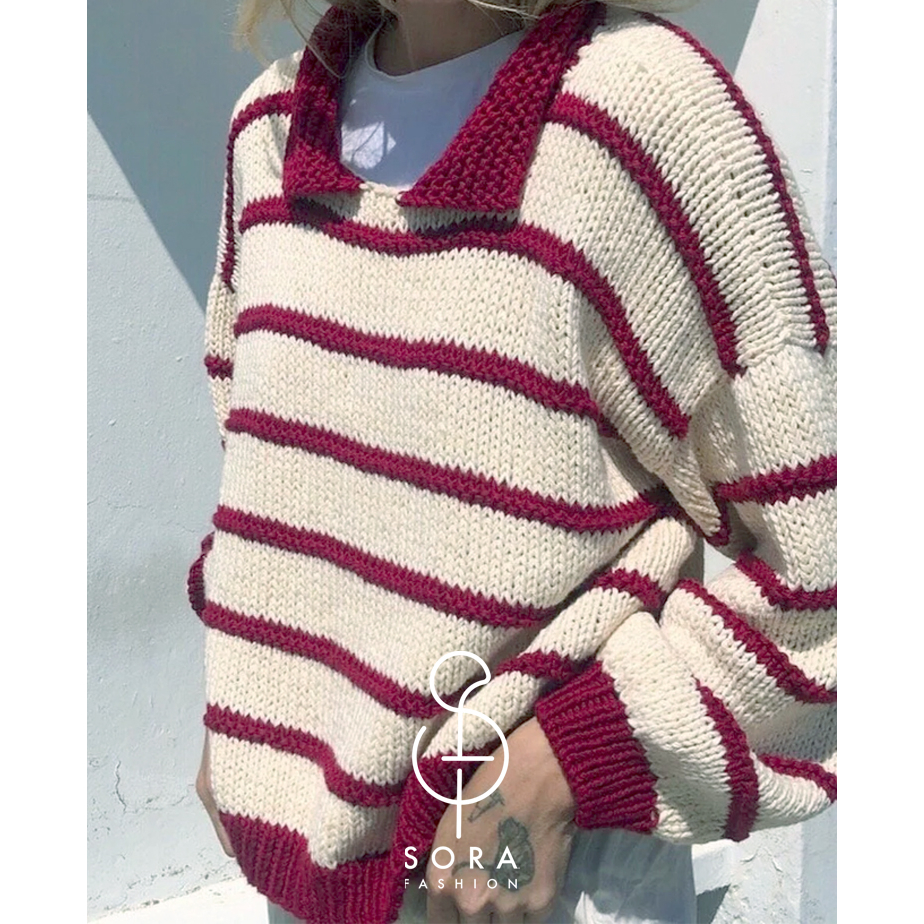 Jual Sweater Polo Rajut Wanita Premium Motif Corak Garis Stripe switer Knit Sweeter Crop ...