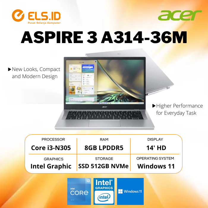 Jual Acer Aspire 3 A314-36M i3 N305 8GB SSD 512GB 14' W11+OHS | Shopee Indonesia