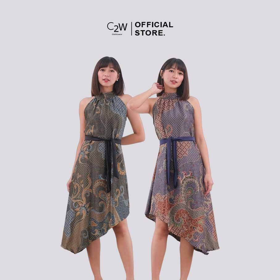 Jual C2W Clothtowear Dress Batik Wanita All Size Satin Women's Clothes Halter Neck Loose Two ...
