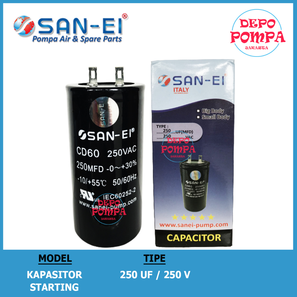 Jual Kapasitor Starting SAN EI 250 UF - 250 V / Kondensor Soket Pompa Air | Shopee Indonesia