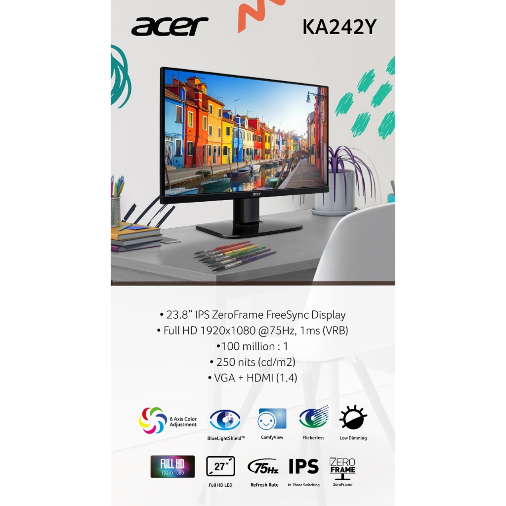Jual Monitor LED ACER KA242Y 23.8 Inch 75Hz Full HD HDMI VGA | Shopee ...