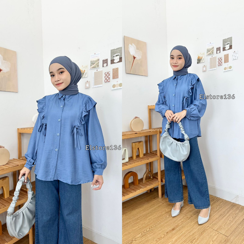 Jual Inara Blouse Bahan Polo Linen Atasan Wanita Full Kancing Ruffle ...
