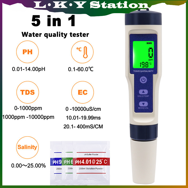 Jual 5 in 1 PPM TDS EC PH Pengukur Suhu Salinitas Pengukur Suhu Air ...