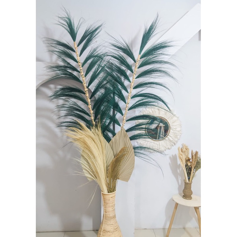 Jual Paket Bunga Kering Rayung Stick dan vas rotan 70cm/Daun Palem ...