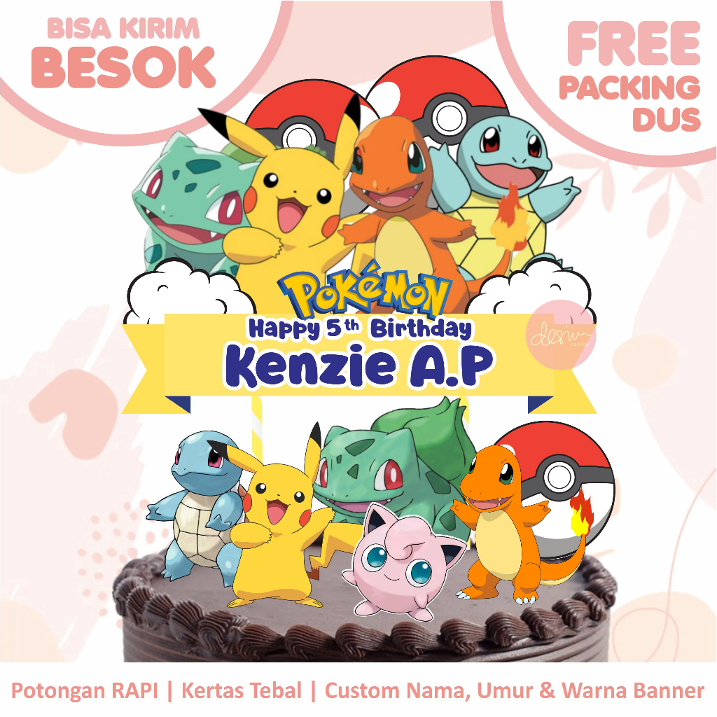 Jual Topper Cake Pokemon (Custom Nama & Umur) FREE PACKING DUS | Shopee ...