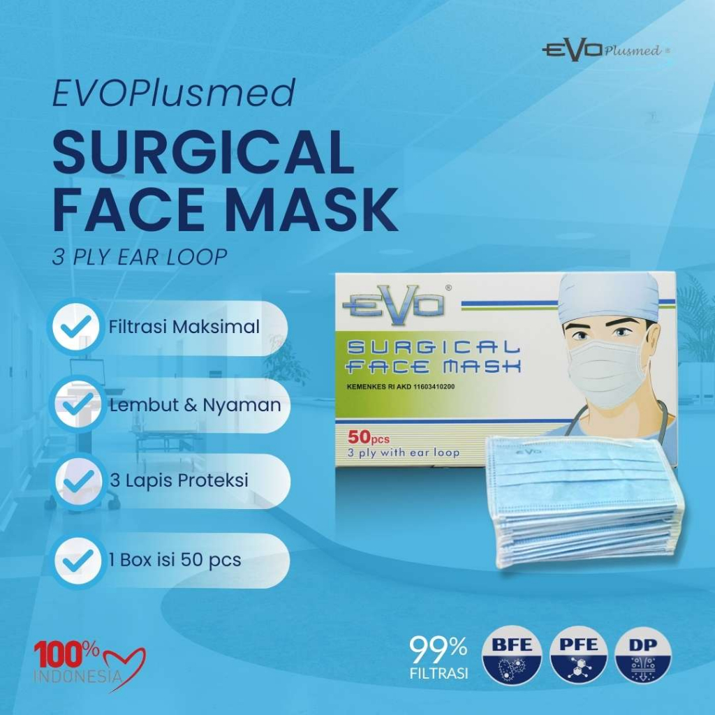 Jual Evo Masker Surgical Face Mask 3ply Ear Loop Box 50 | Shopee Indonesia