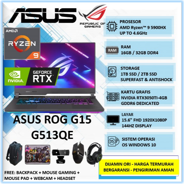 Jual Laptop Gaming Asus ROG Strix G15 G513QE Ryzen 9 5900HX 32GB 2TB ...
