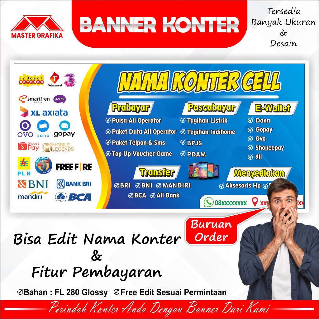 Jual Cetak Banner/Spanduk/Spanduk Konter Keren FREE DESIGN(Bisa Pilih ...