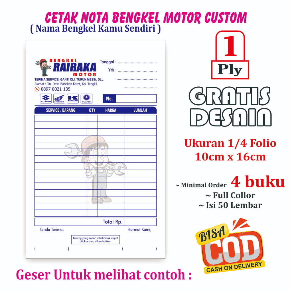 Jual Cetak Nota Bengkel Motor 1 ply murah bisa custom Nama toko Sendiri ...