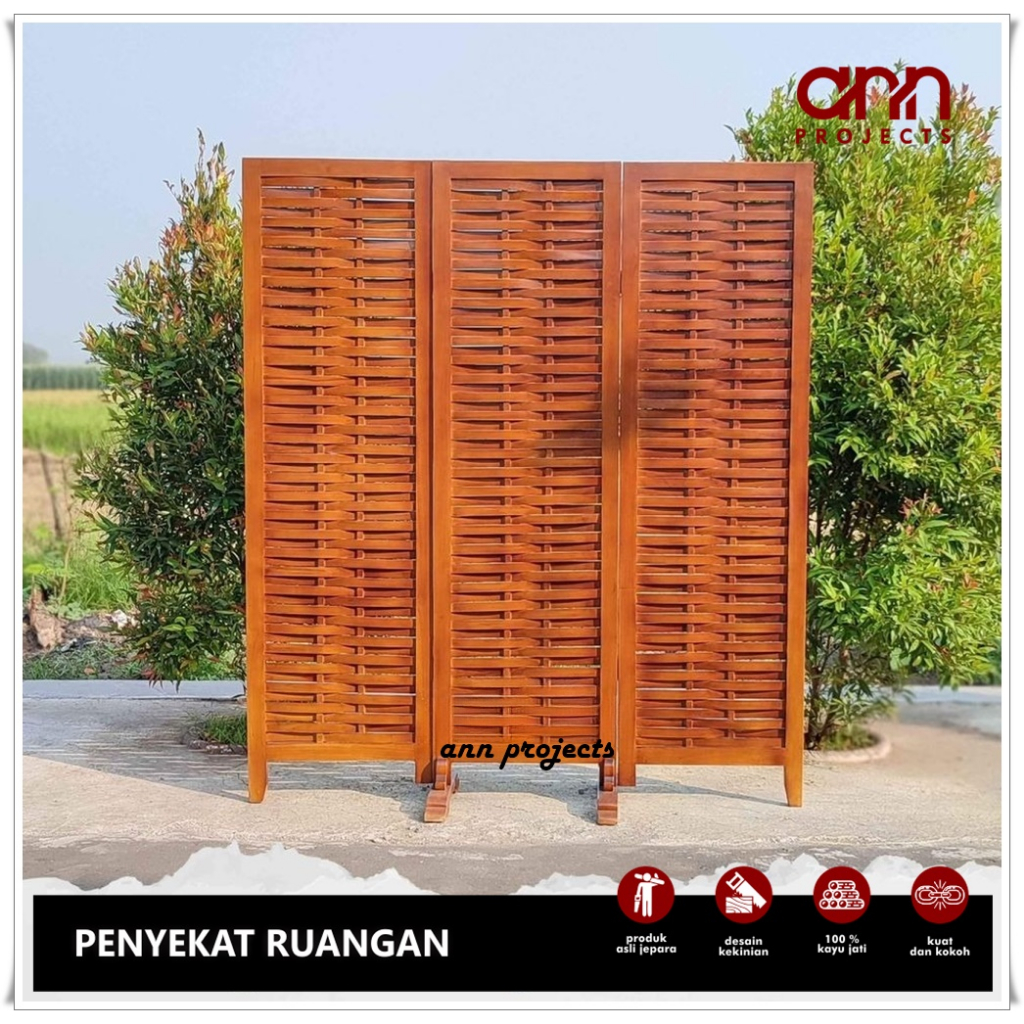 Jual Partisi Sekat Ruangan Kayu Jati Minimalis Model Anyaman Lipat ...