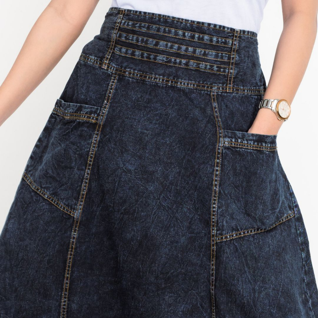 Jual Molding - Rok Payung Jeans Hitam Snow Model Kancing Tengah Premium ...