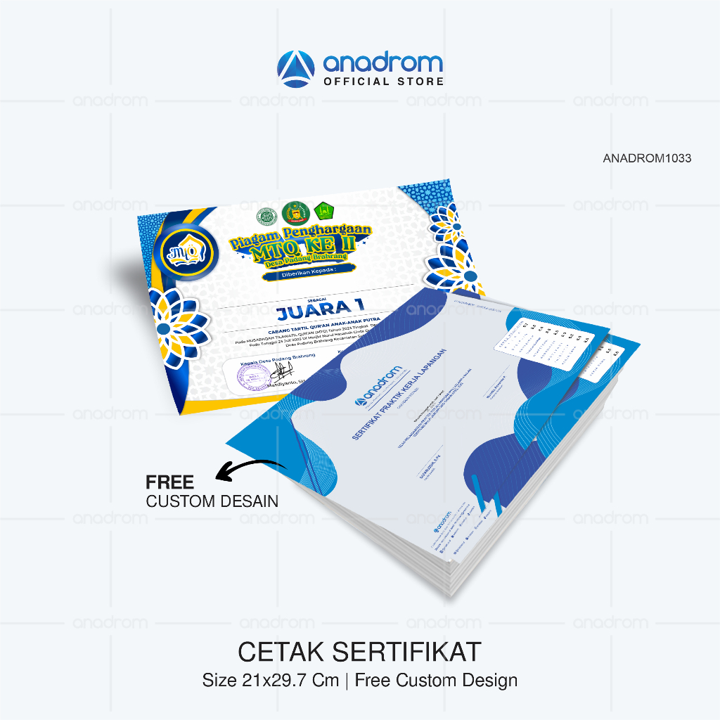Jual Cetak Sertifikat Size A4 | Print Certificate | Anadrom 1033 ...
