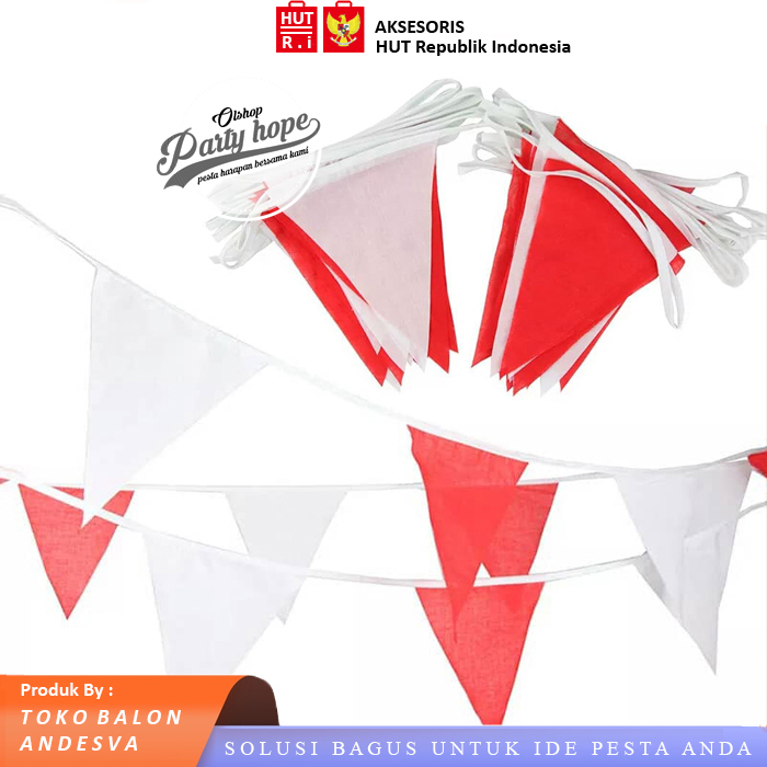 Jual bendera segitiga merah putih poliester / bendera umbul umbul karnaval HUT RI kain / bendera ...