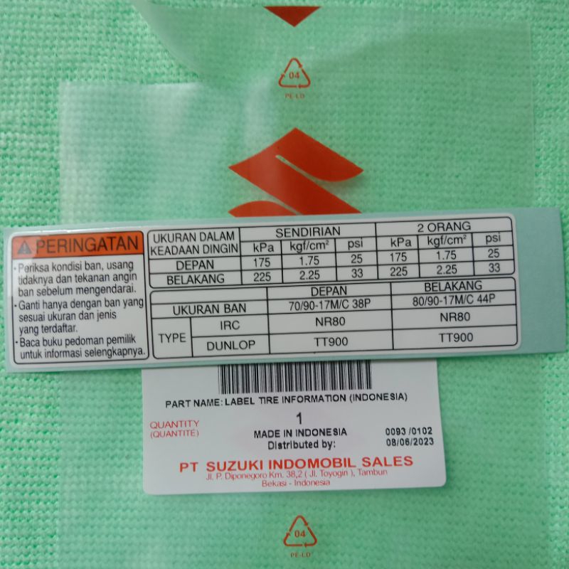 Jual Sticker Label tire information//Informasi tekanan ban Suzuki smash ...