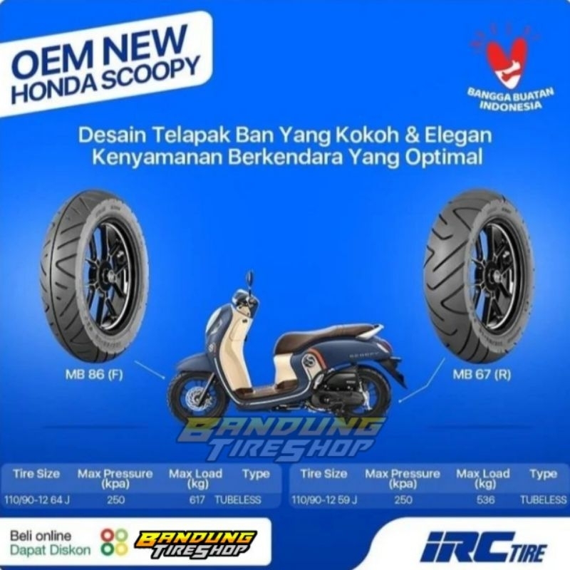 Jual IRC NEW SCOOPY (100/90-12) (110/90-12) TUBELESS DEPAN BELAKANG MB 86 67 SEPASANG BAN LUAR ...