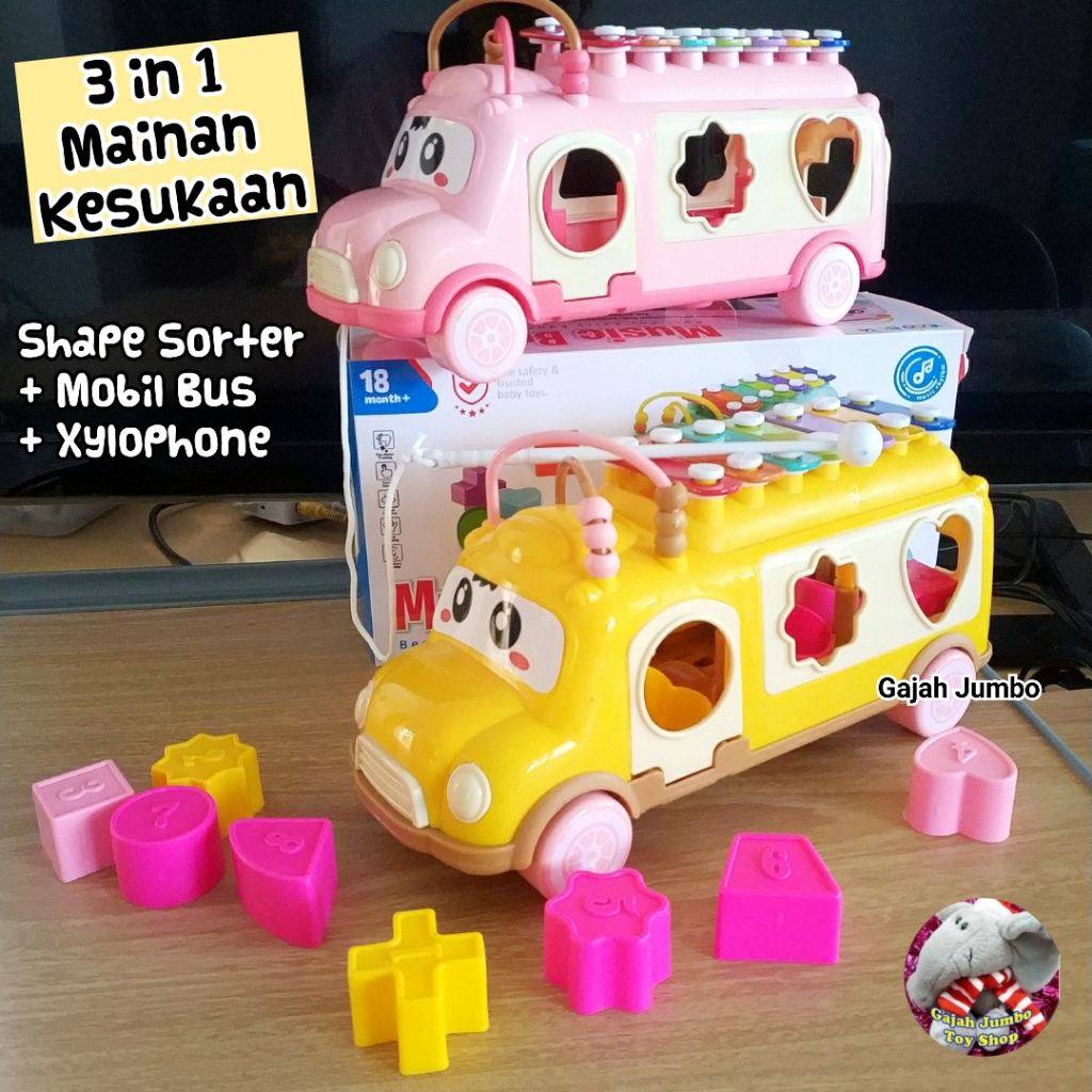 Jual Mainan 3 in 1 Anak Toddler Mobil Mobilan Bus Shape Sorter Gambang ...