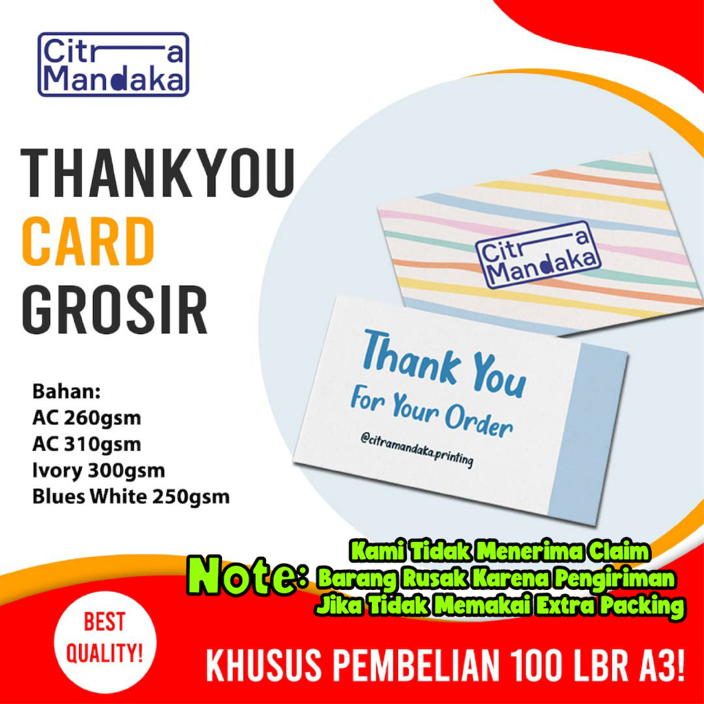 Jual Thank You Card Custom 1 Sisi Olshop Grosir A3 Free Design | Kartu ...