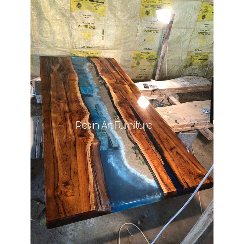 Jual MEJA RESIN JATI MOTIF OMBAK / MEJA MAKAN KAYU JATI RESIN ...