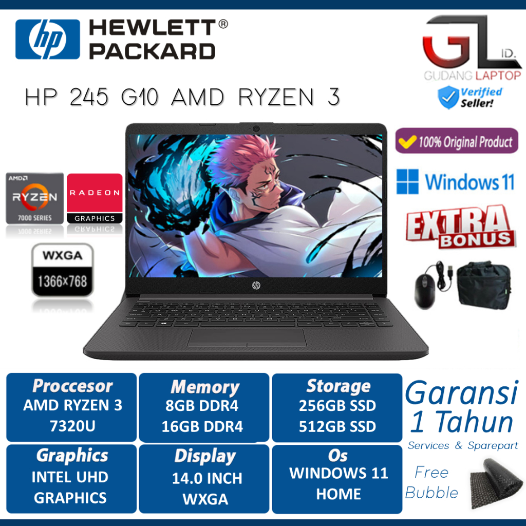 Jual Laptop Gaming Murah HP 245 G10 AMD RYZEN 3 7320U 8GB 512GB SSD 14 ...