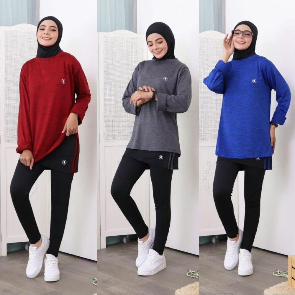 Jual Set Setelan Baju Olahraga Wanita Hijab Muslim Muslimah 3 Pcs ( Hijab, Baju dan Leging Rok ...