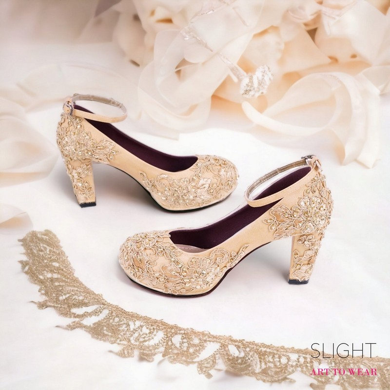 Jual SLIGHT Sepatu chunky heels brukat gold Brokat Lace Wedding Shoes ...