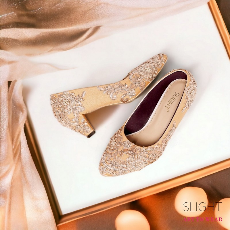 Jual SLIGHT Sepatu Pumps Brukat Emas Brokat Lace Wedding Shoes High ...